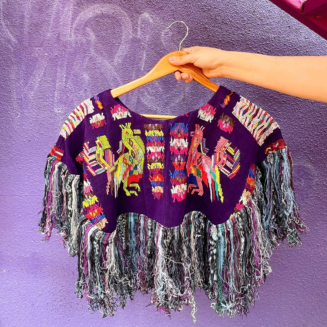 Embroidered Cape: Dark Purple & Colorful Roosters