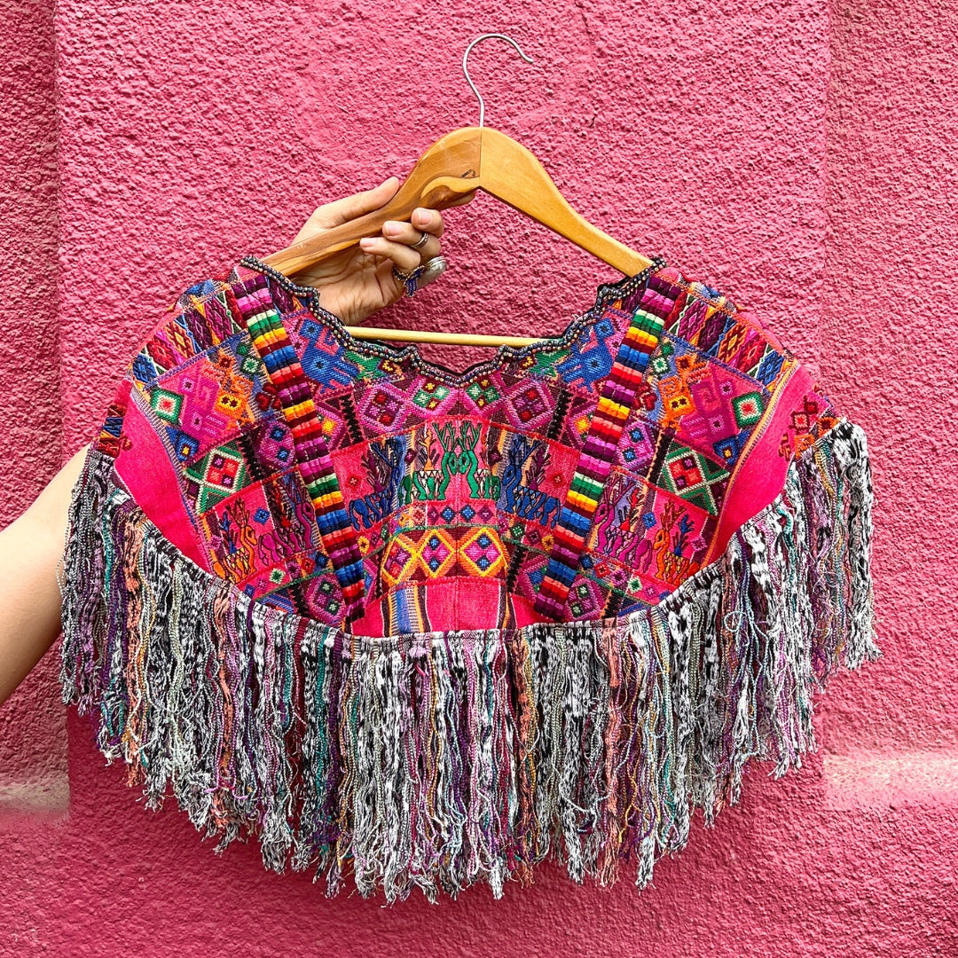 Embroidered Cape: Pink Mayan Designs with Embellished Collar